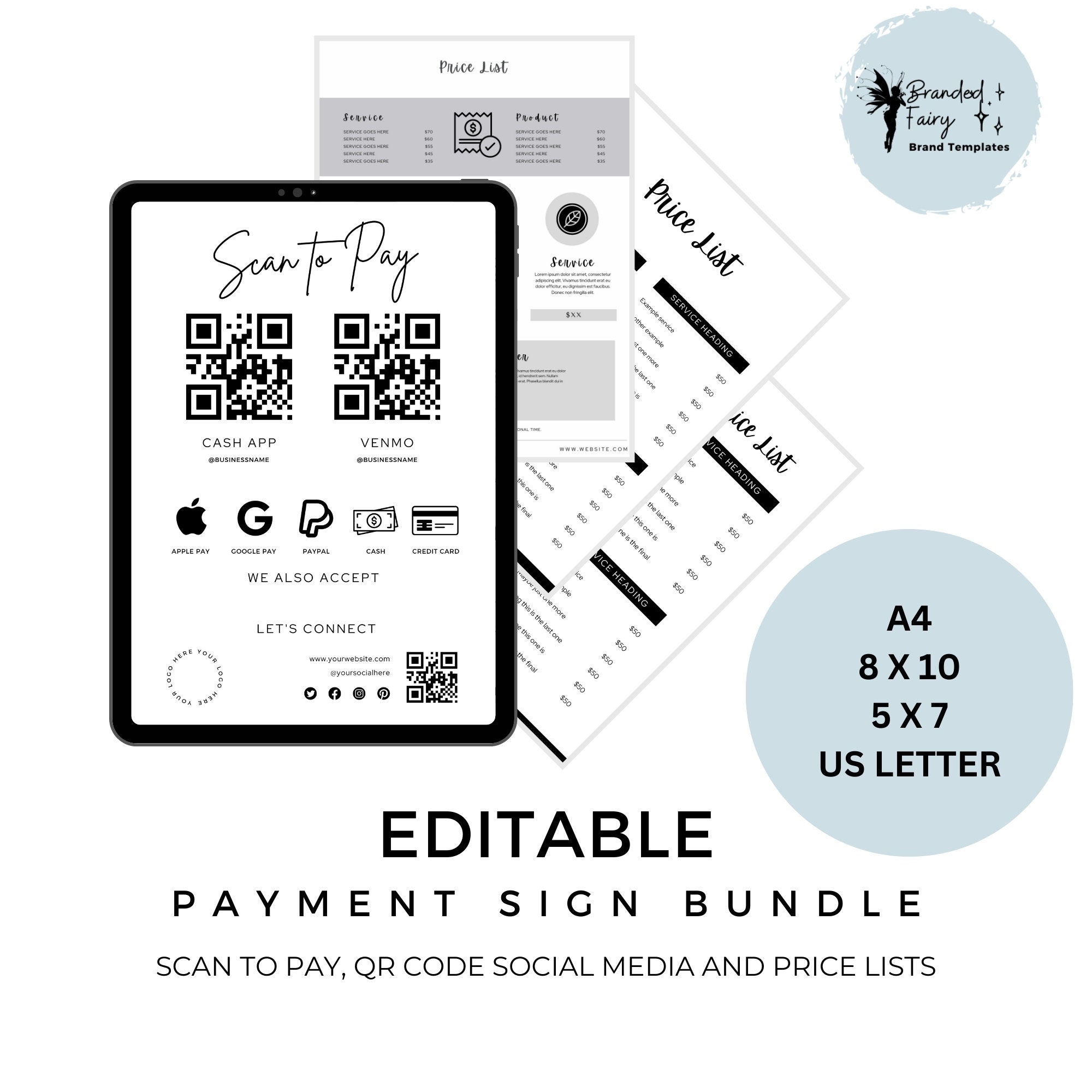 Editable Payment Sign Template Bundle, Printable Scan to Pay, QR Code ...