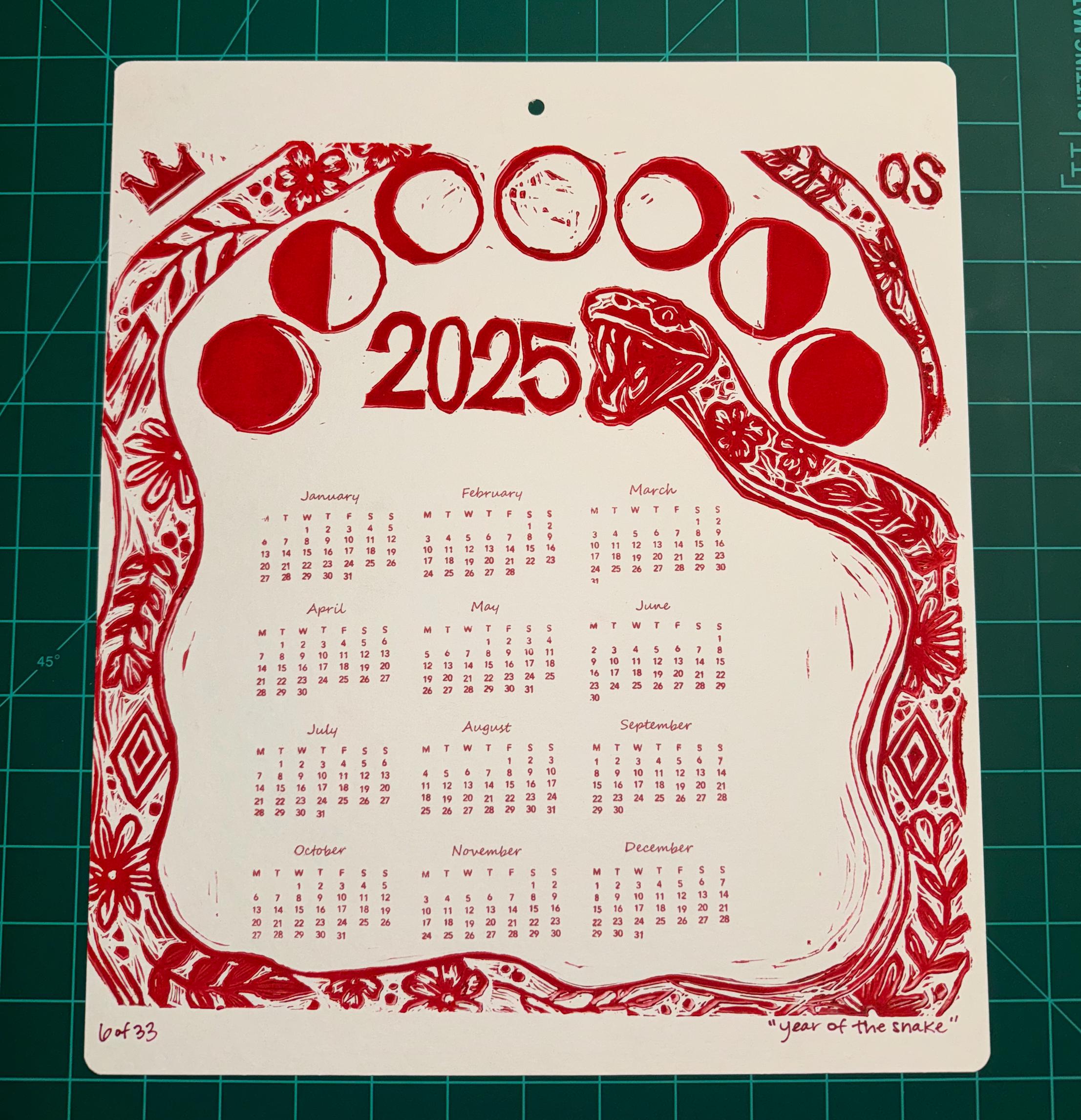Handmade Linocut Calendar: Snake & Moon Phases Design – Perfect for ...