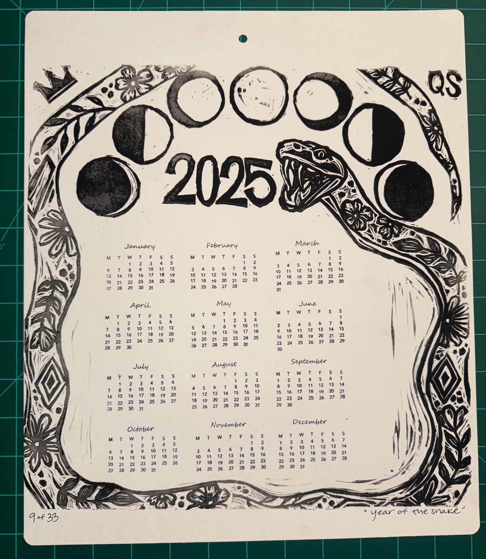 Handmade Linocut Calendar: Snake & Moon Phases Design – Perfect for ...