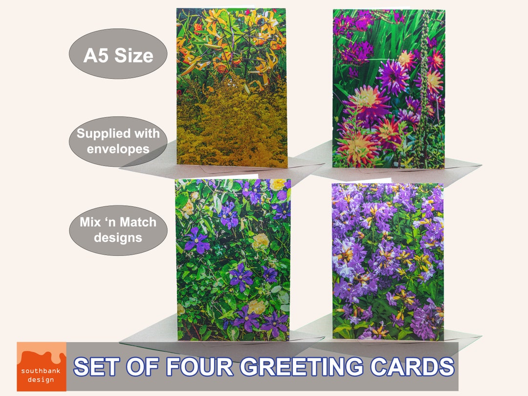 Pack of 4 Greeting Cards With a Flowers Theme. Supplied With Kraft ...