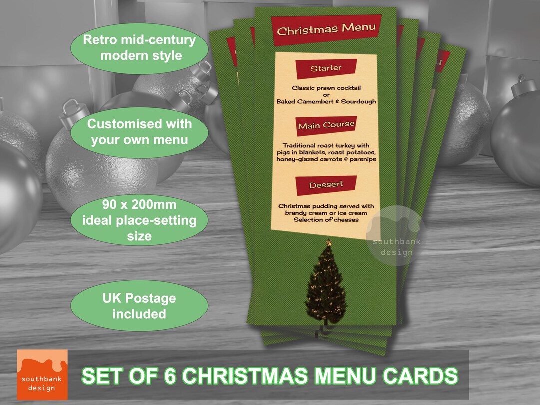 Set of 6 Customised Christmas Menu Cards in a Mid-century Modern Style ...