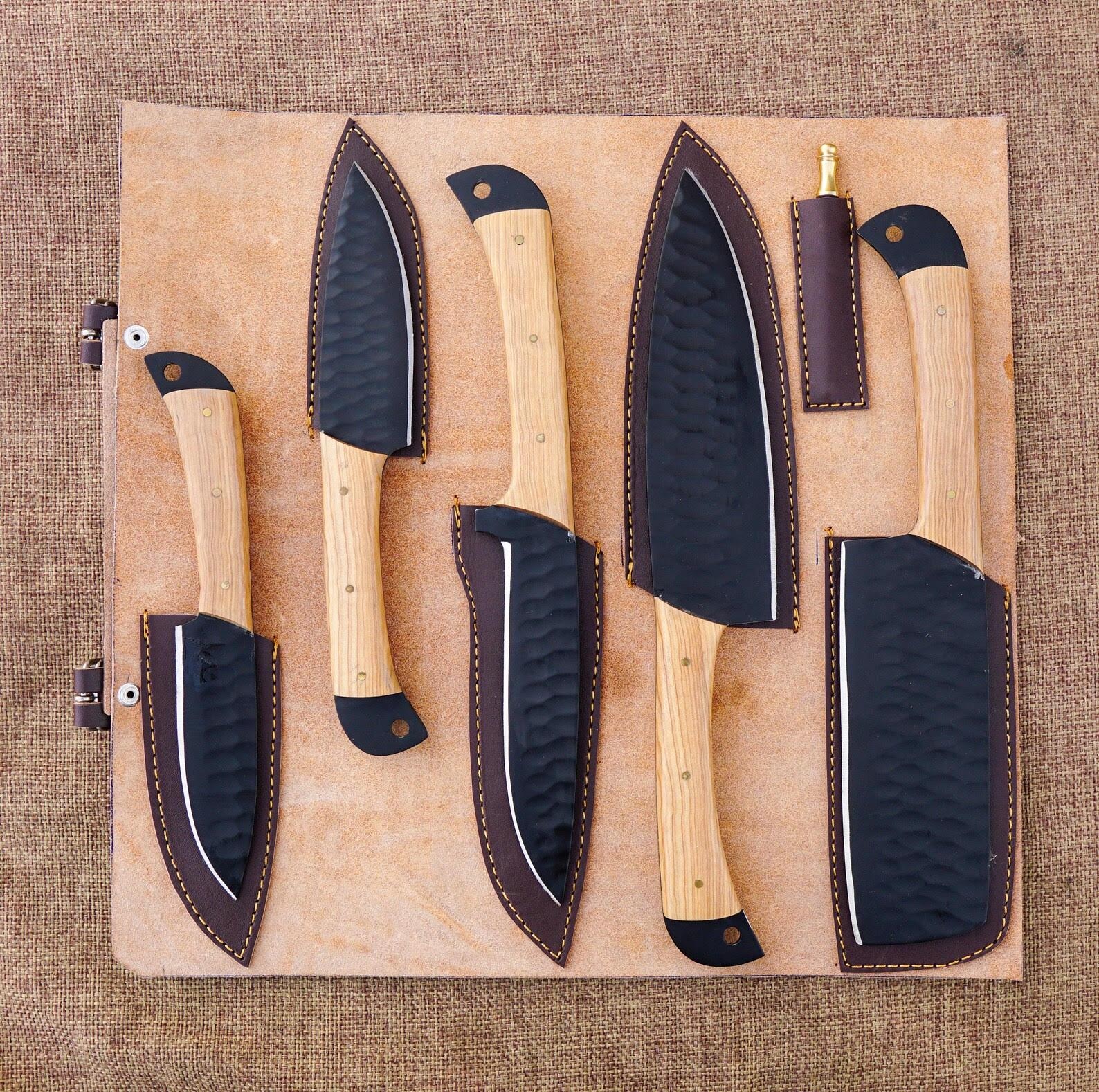 Custom Forged Damascus Steel Chef BBQ 5 PCS Kitchen Knife Set, Handmade ...