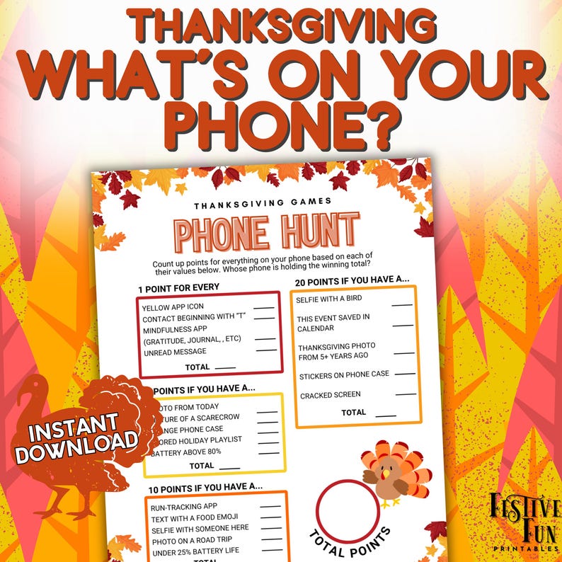 Thanksgiving What's on Your Phone Scavenger Hunt Game, Fun Easy ...