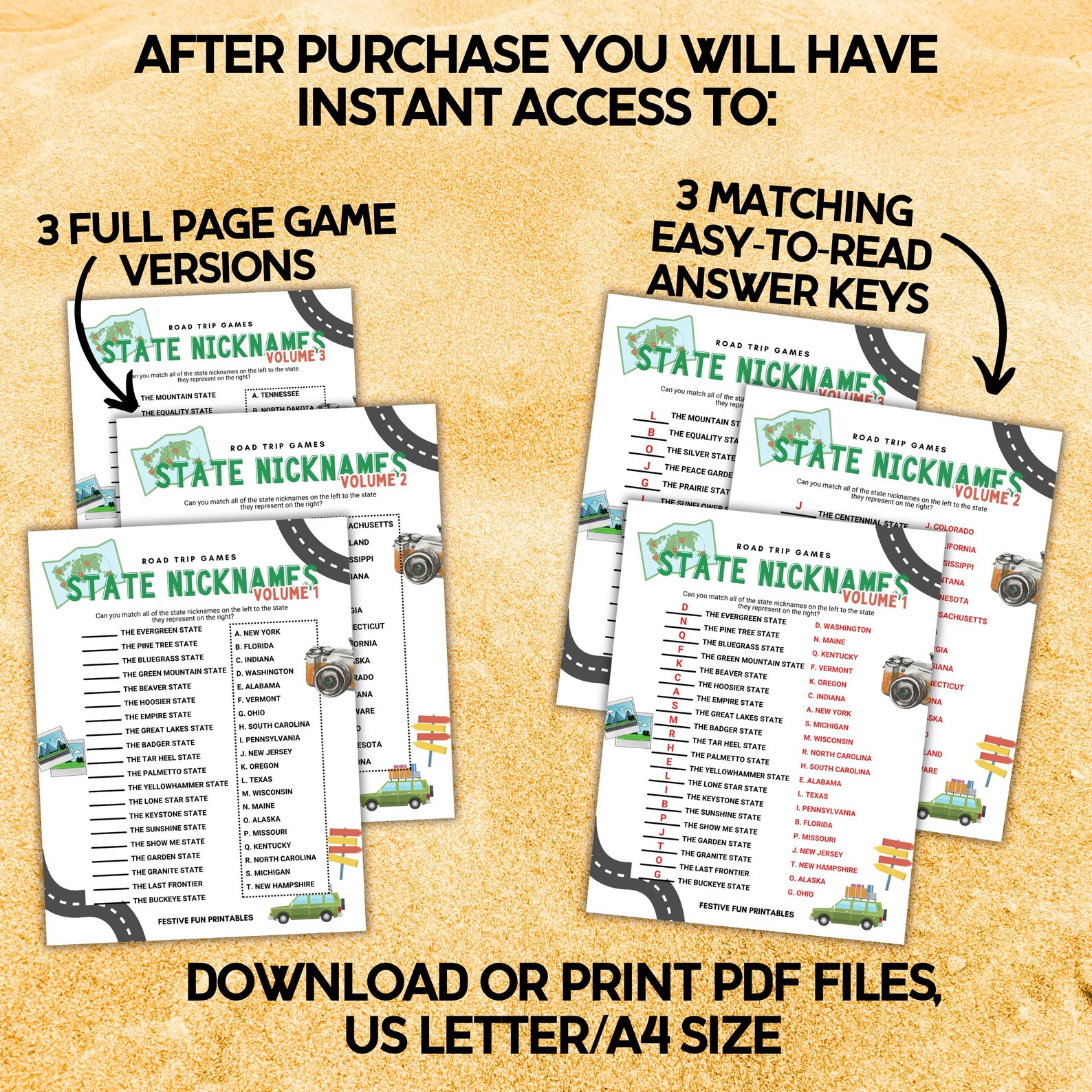 Road Trip State Nickname Match-up Game Bundle, USA Geography Travel ...