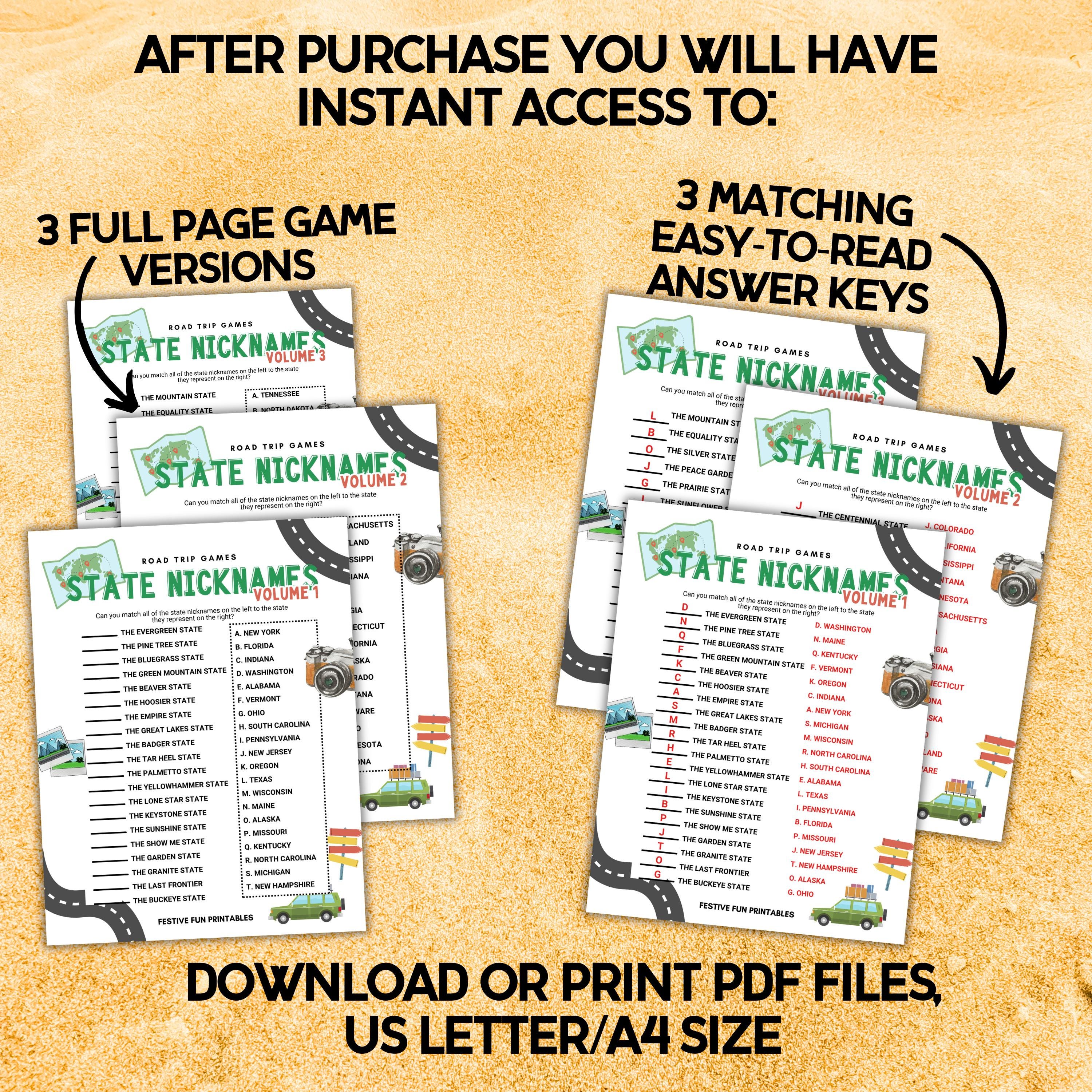 Road Trip State Nickname Match-up Game Bundle, USA Geography Travel ...