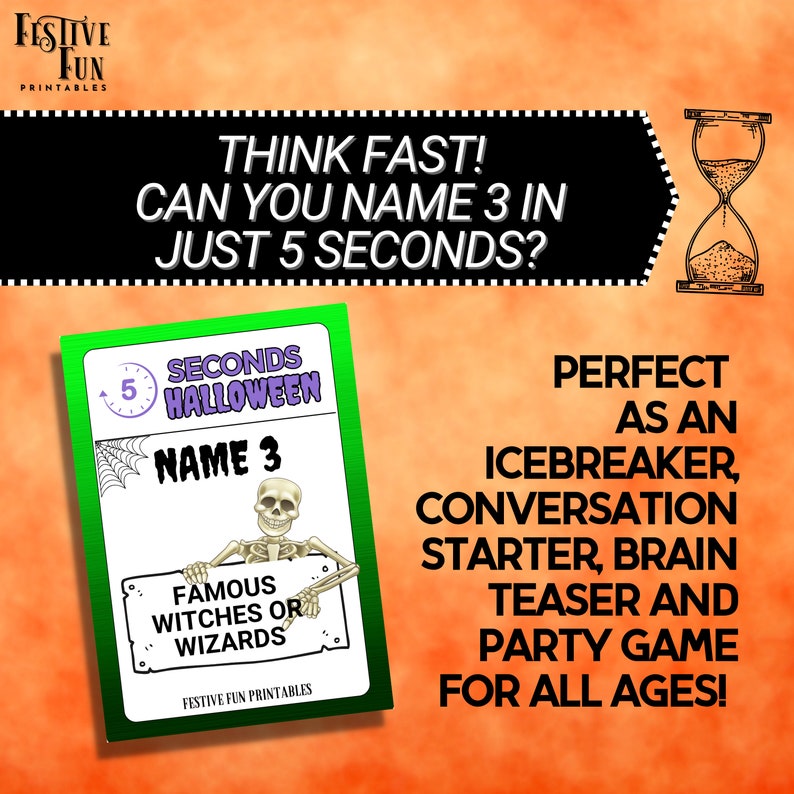 Halloween Five Second Game Printable, Name Three in 5 Seconds, Quick ...