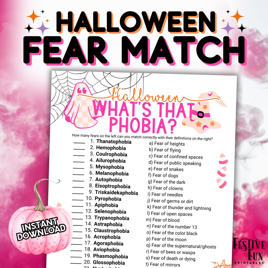 What's the Phobia Trivia, What Are You Scared of Fear Match Game, Pink ...