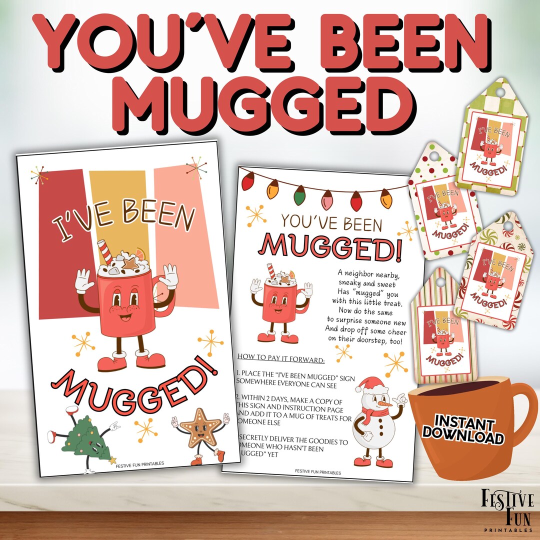 Retro Christmas You've Been Mugged Printable Bundle Sign and Gift Tags ...