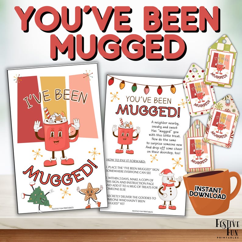 Retro Christmas You've Been Mugged Printable Bundle Sign and Gift Tags ...