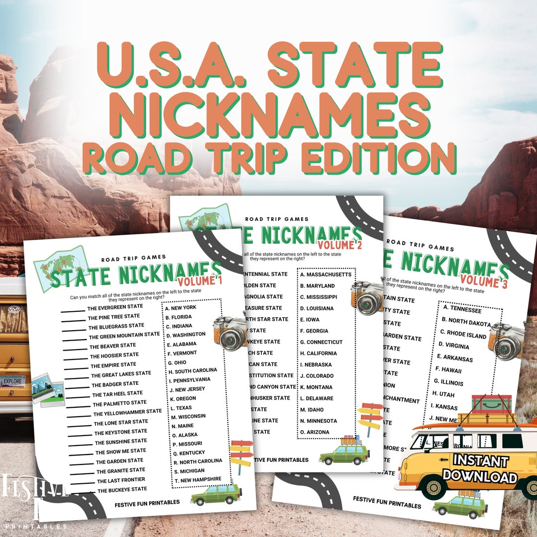 Road Trip State Nickname Match-up Game Bundle, USA Geography Travel ...
