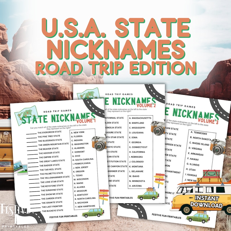Road Trip State Nickname Match-up Game Bundle, USA Geography Travel ...