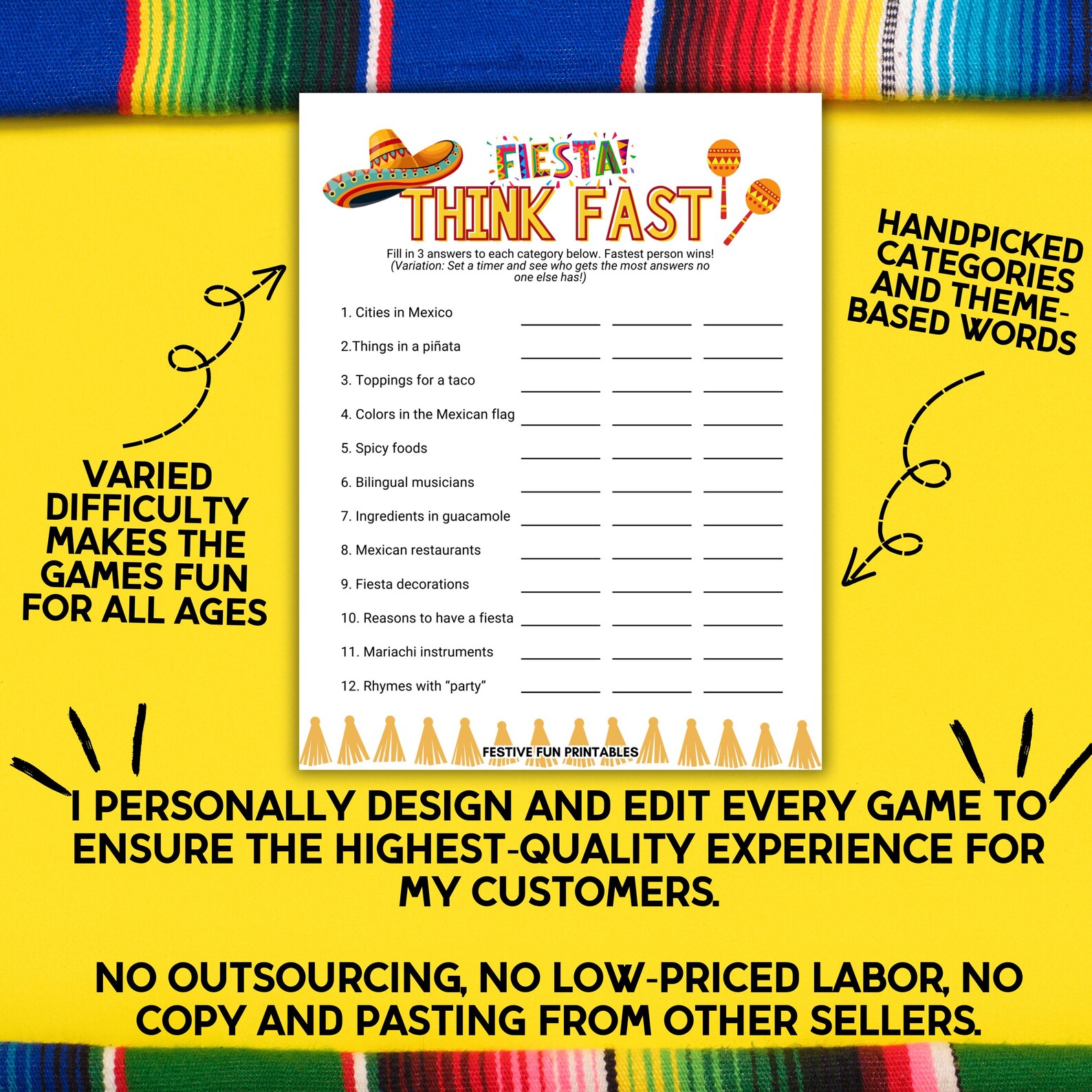 Fiesta Think Fast Printable Game, Mexican Theme Party Activity for Kids ...