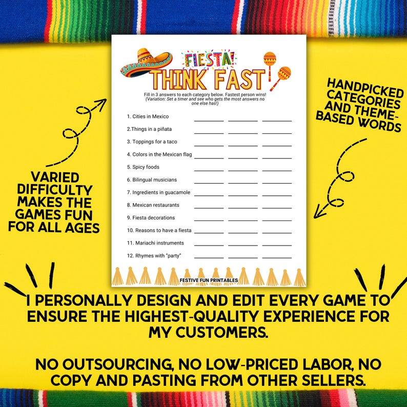 Fiesta Think Fast Printable Game, Mexican Theme Party Activity for Kids ...