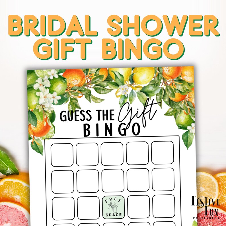 Guess the Gift Bingo, Citrus Bridal Shower Engagement Party Game ...