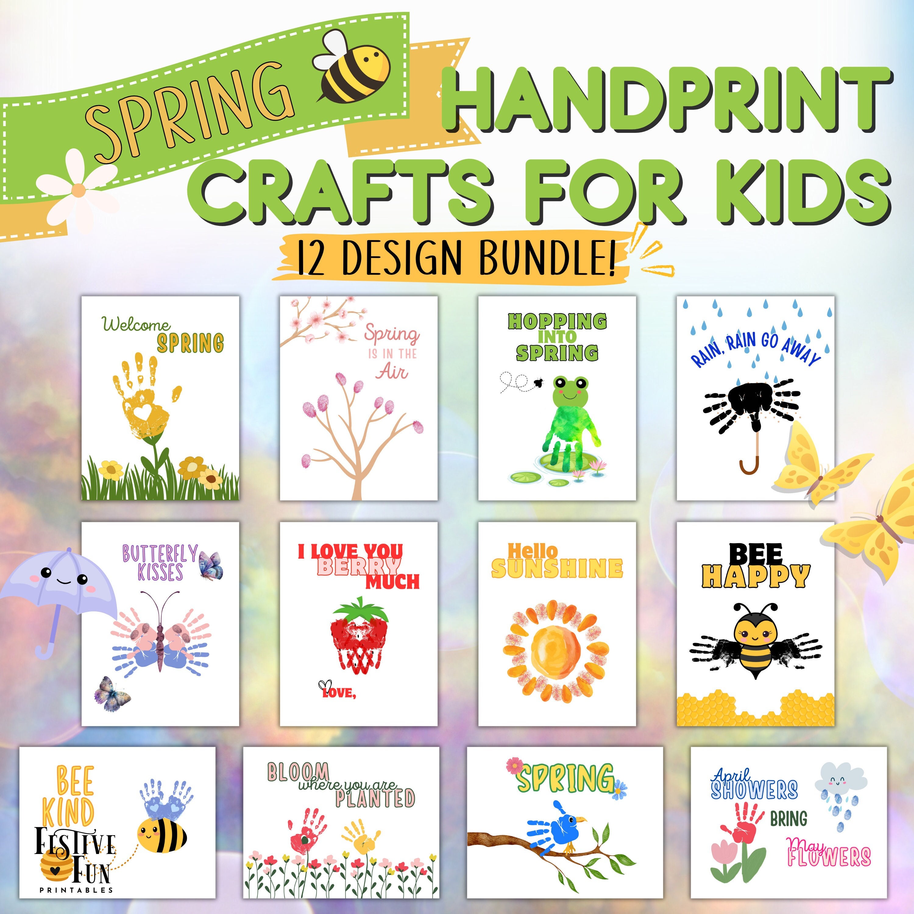Spring Handprint Crafts for Kids, 12 Printable DIY Fingerprint Art ...