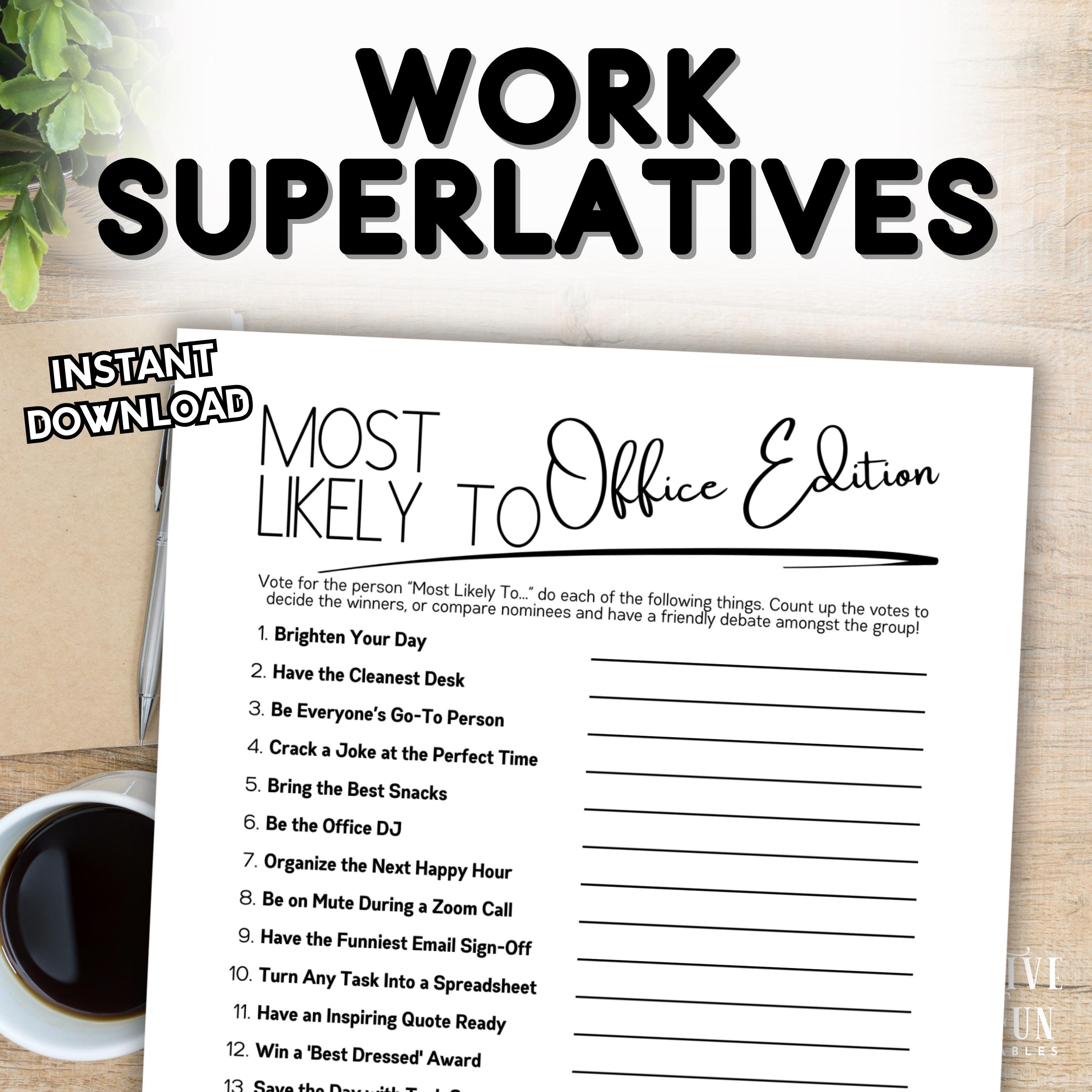 Office Most Likely to Superlative Awards, Printable Work Holiday Party ...