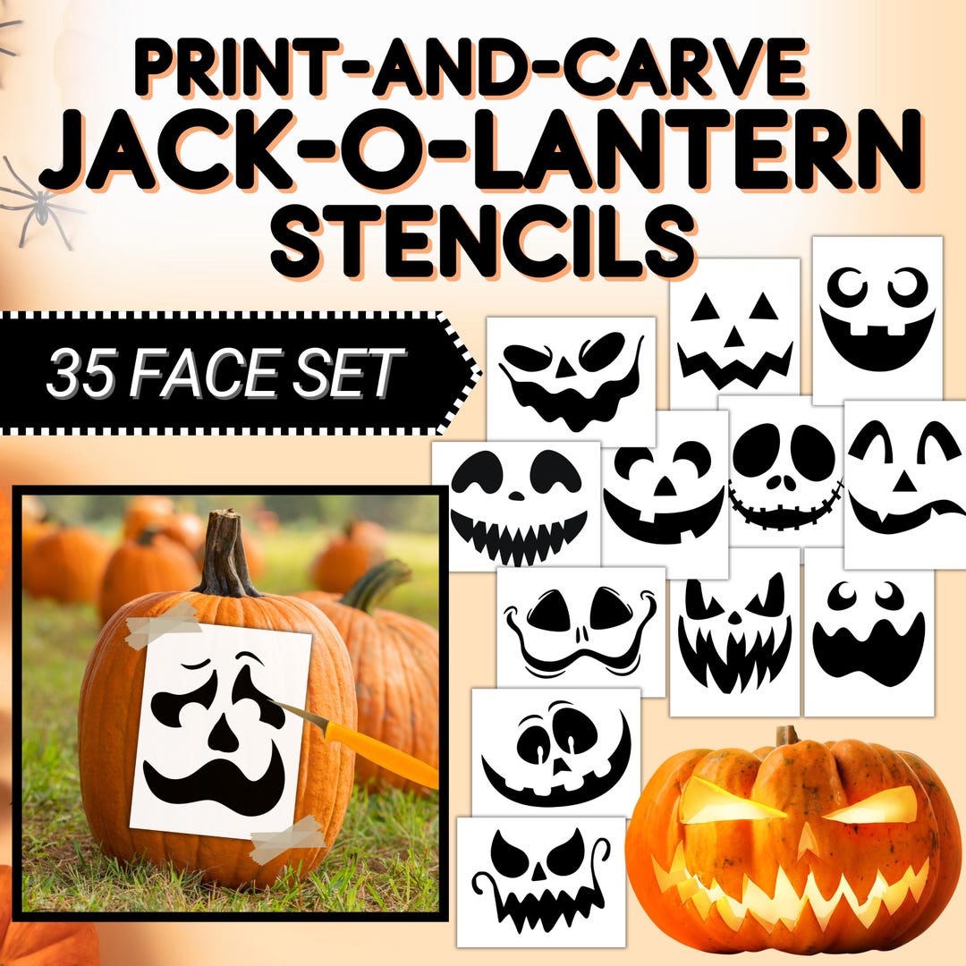 Pumpkin Carving Stencils Bundle, Printable Set of Jack-o-lantern Faces ...