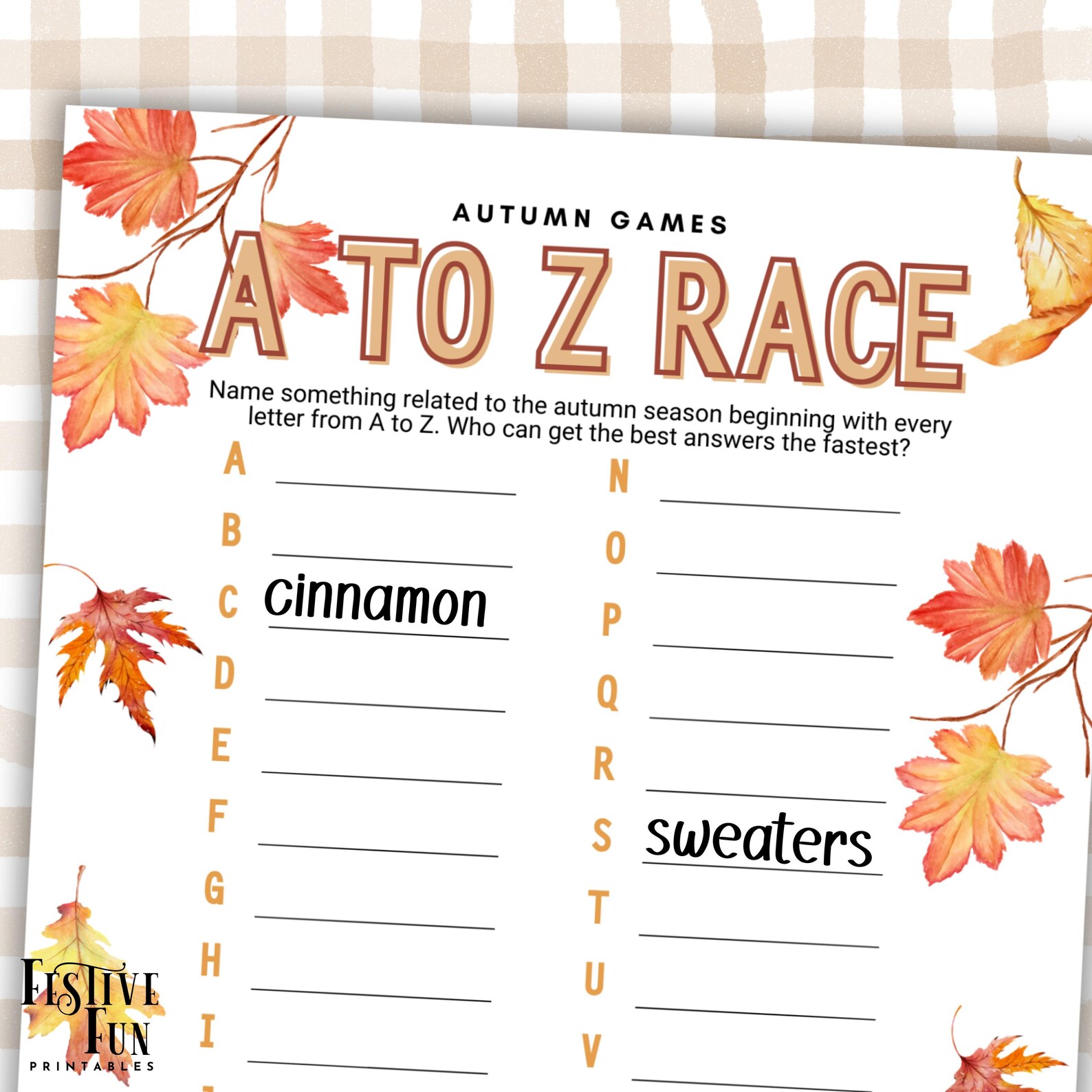 Fall A to Z Race Autumn Themed Word Game, Printable Trivia Activity for ...