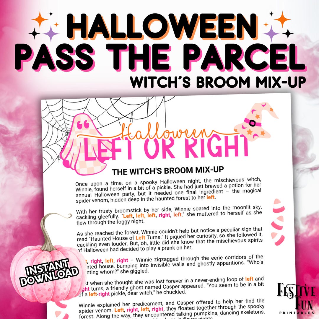 Halloween Witch's Broom Left Right Story, Pink Girly Gift Exchange Game ...