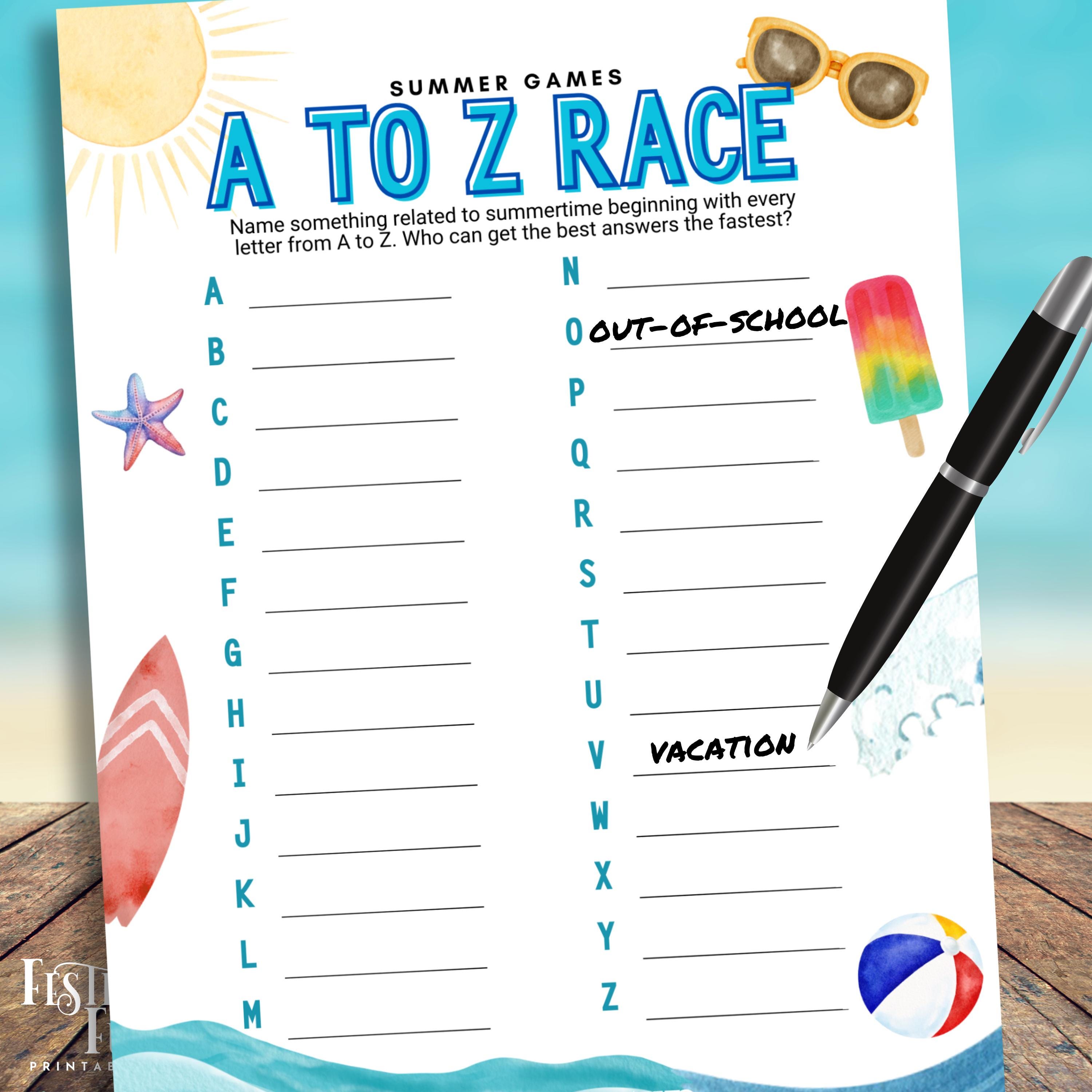 Summer A to Z Race Printable Game, Alphabetical Think Fast Word Game ...