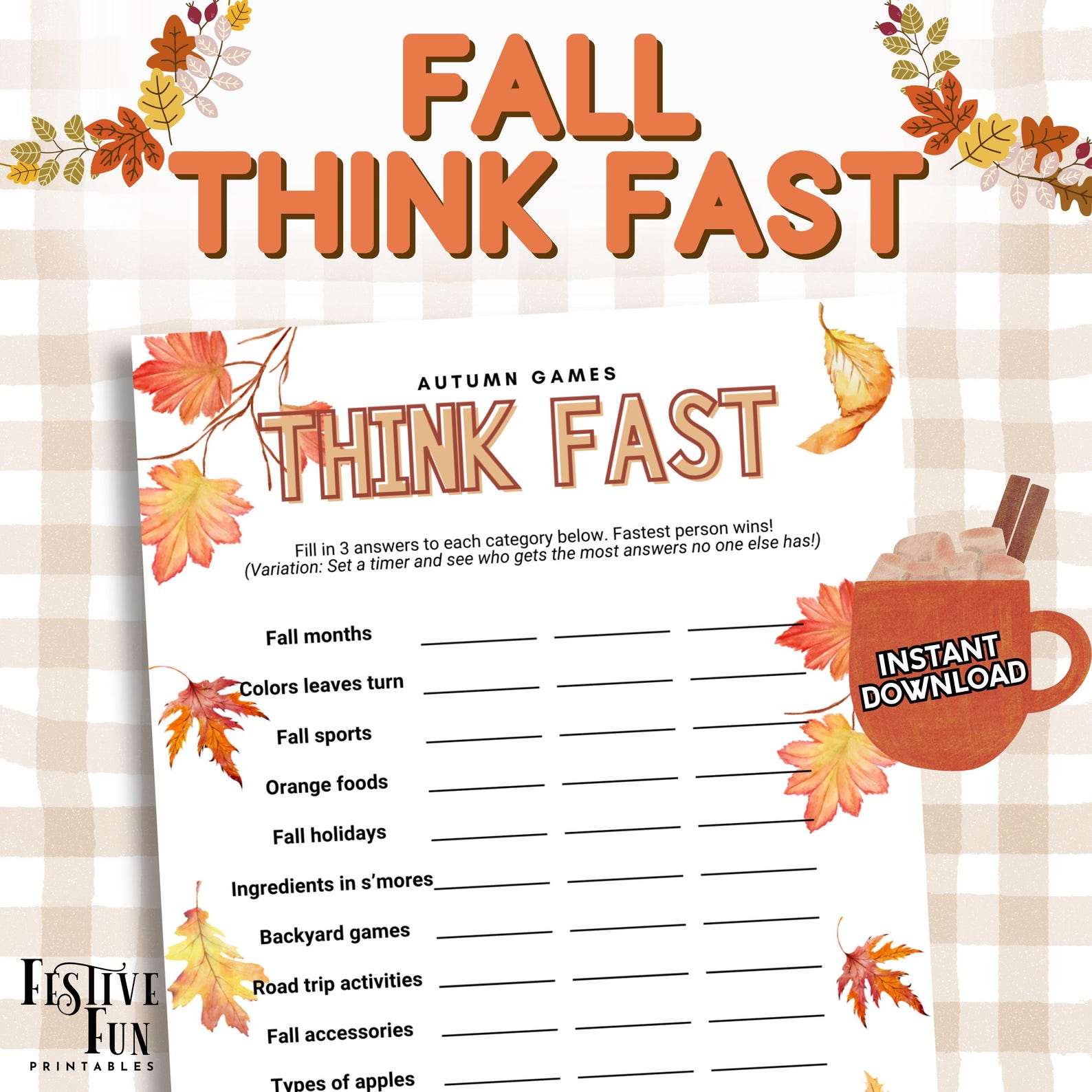 Fall Season Think Fast Printable Game, Autumn Pumpkin Trivia Activity ...