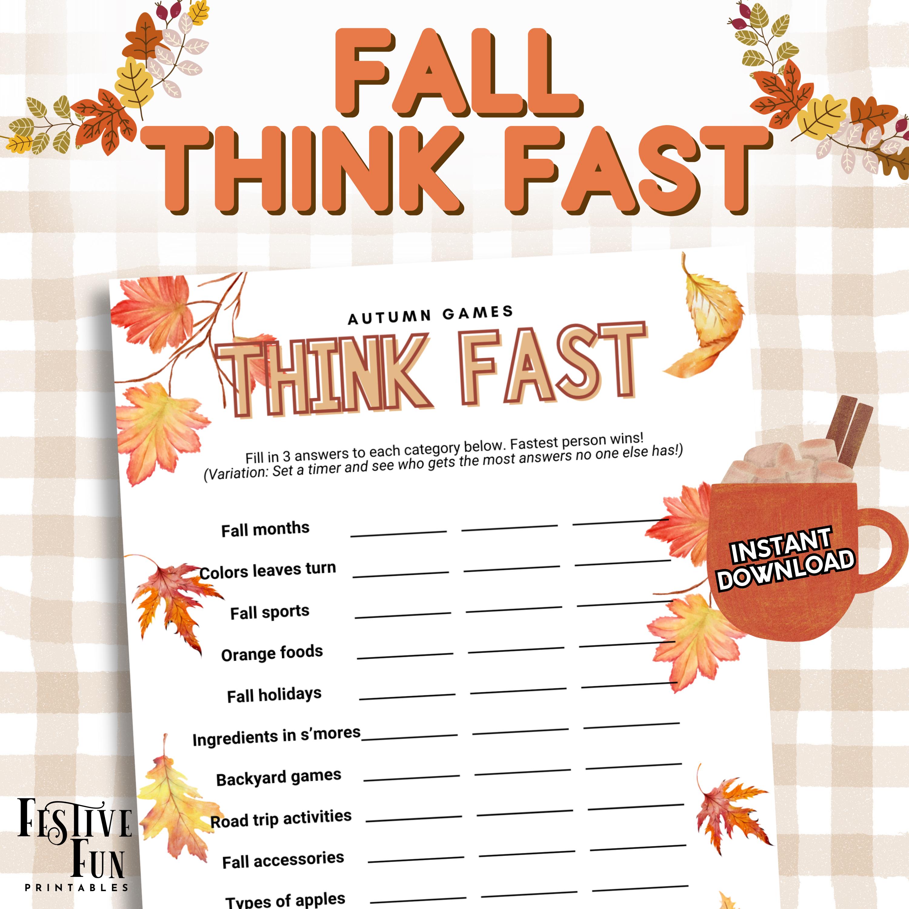 Fall Season Think Fast Printable Game, Autumn Pumpkin Trivia Activity ...