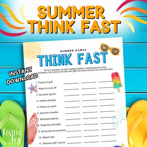 Summer Think Fast Categories Game, BBQ Pool Party Digital Printable ...