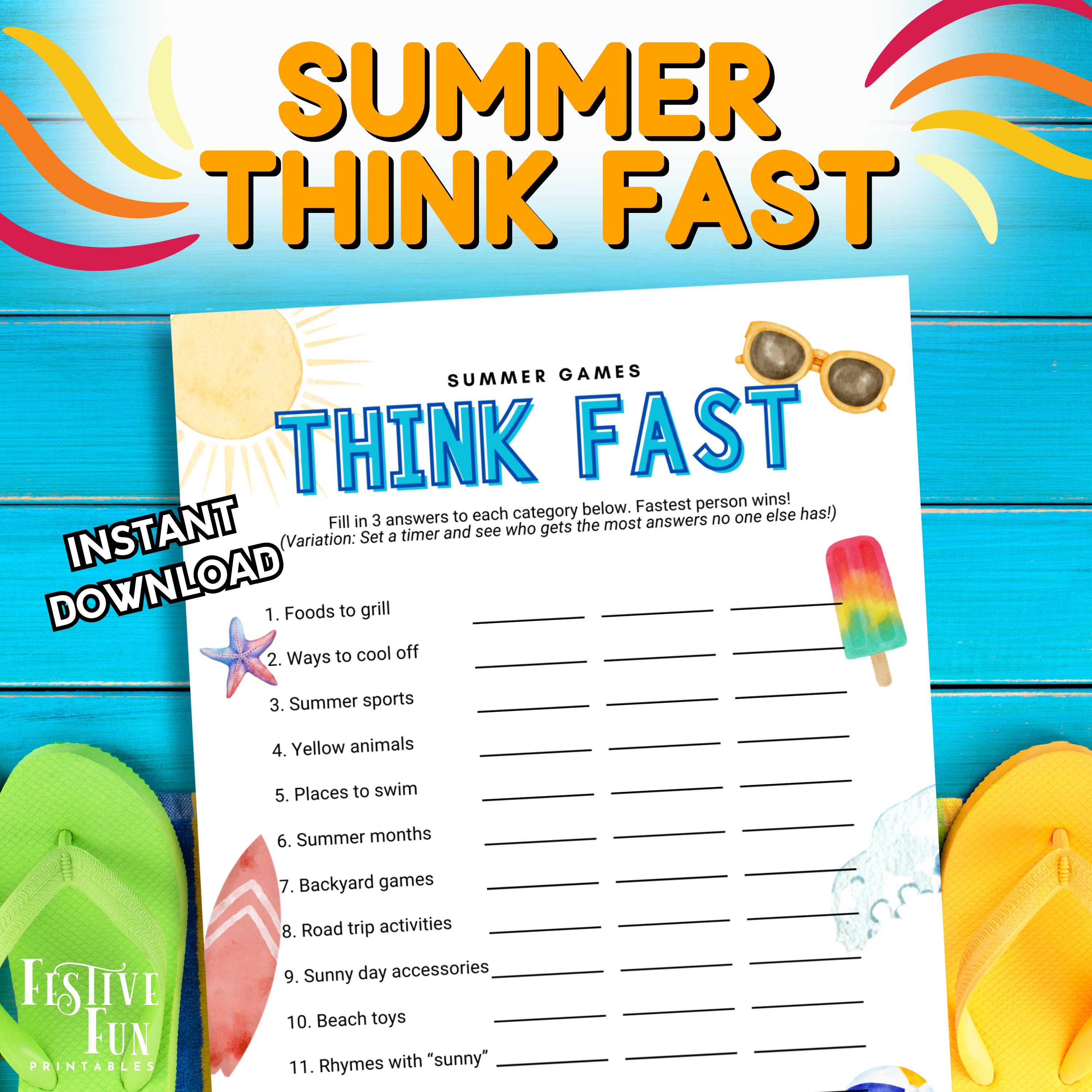 Summer Think Fast Categories Game, BBQ Pool Party Digital Printable ...