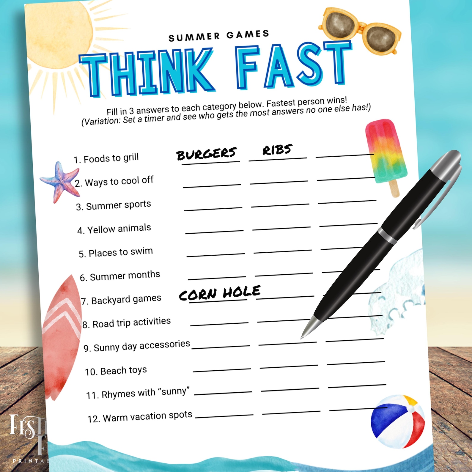 Summer Think Fast Categories Game, BBQ Pool Party Digital Printable ...