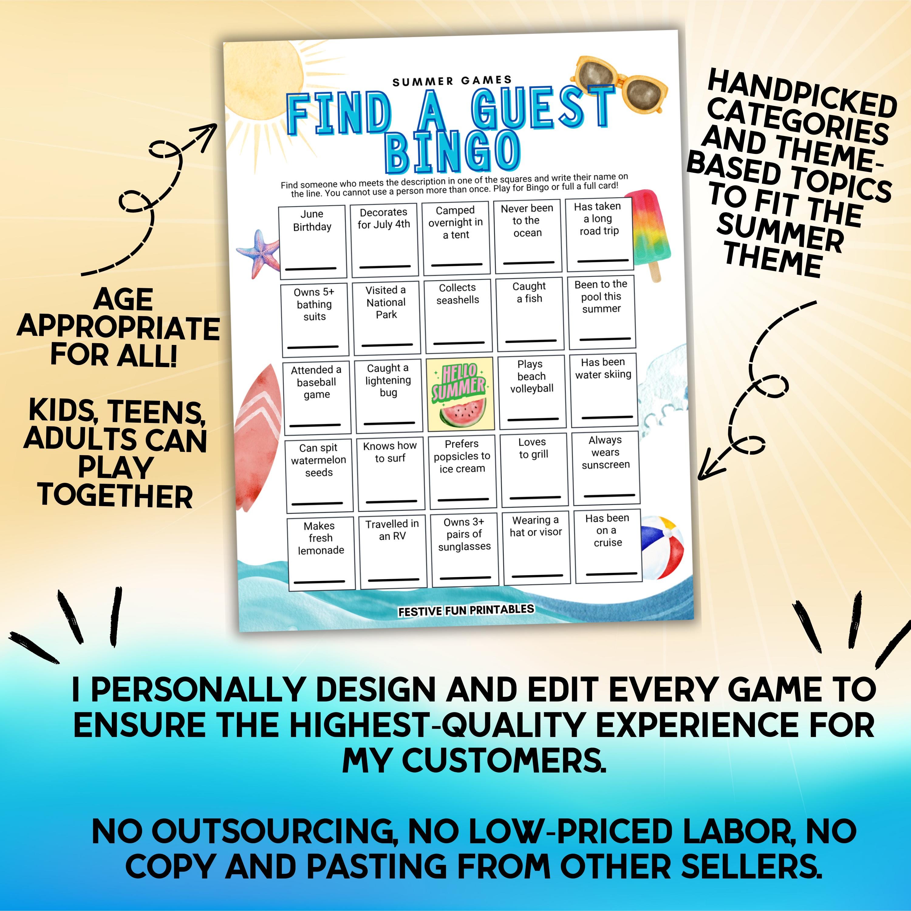 Find A Guest Icebreaker Bingo Summer Edition, Mix and Mingle Human ...