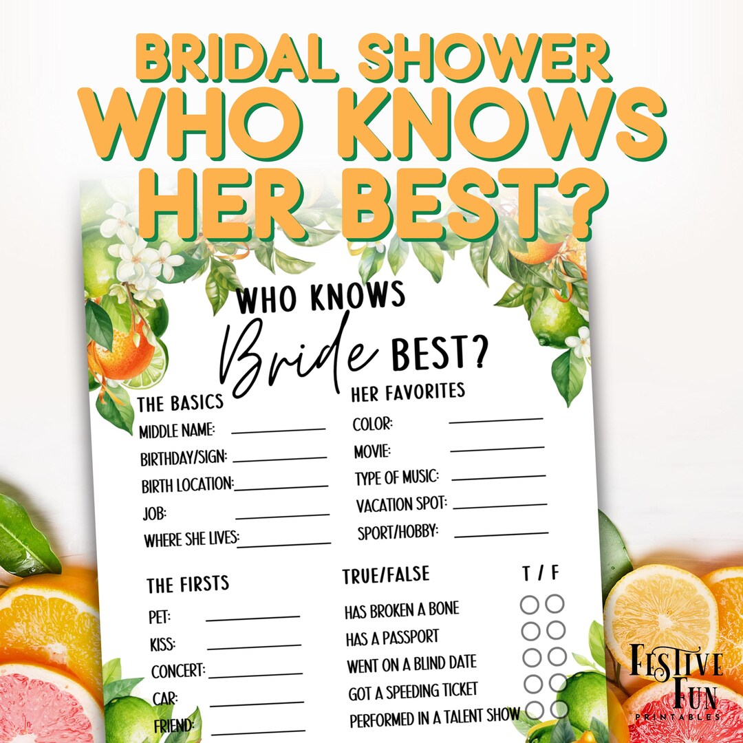 Who Knows Bride Best Citrus Bridal Shower Game, Engagement Party ...