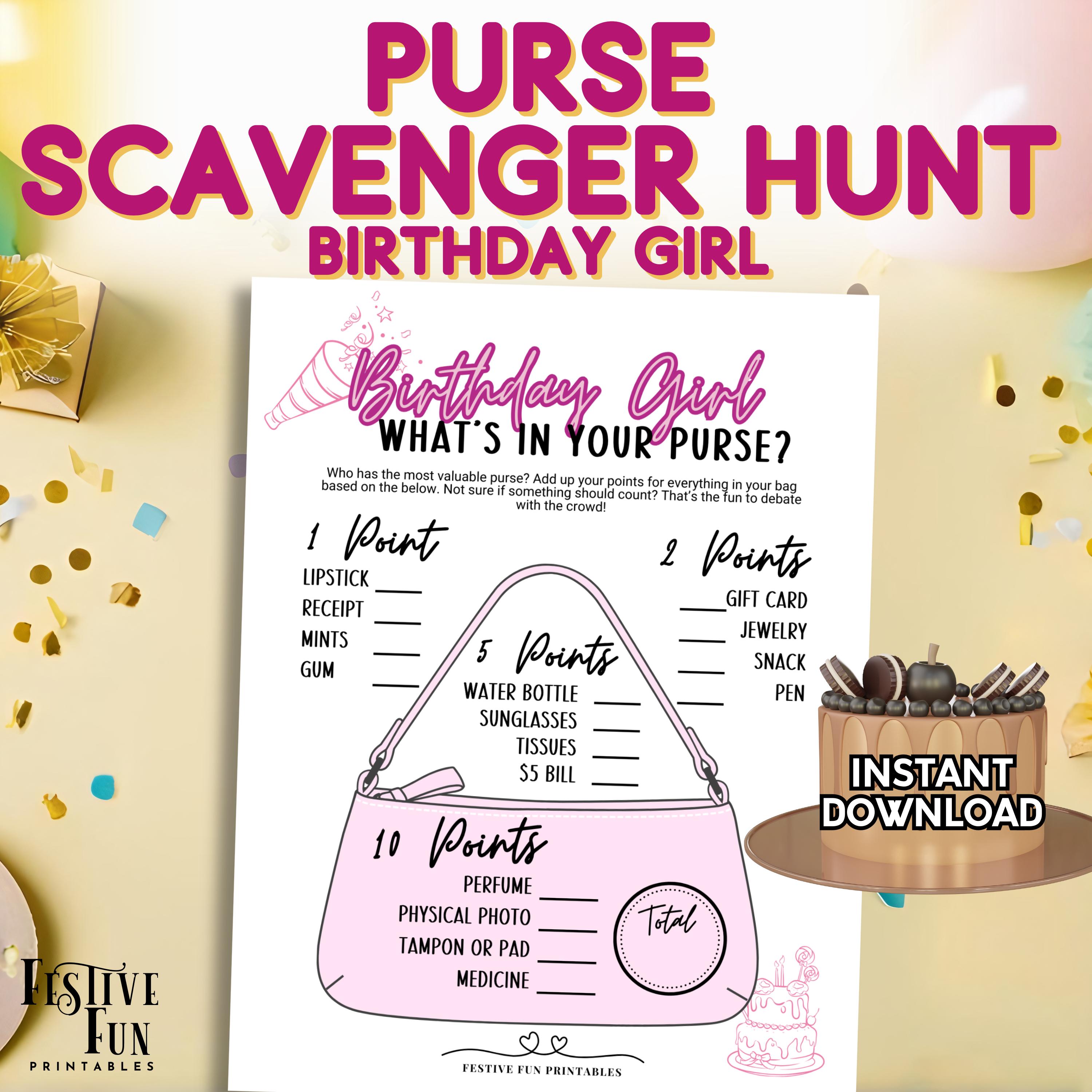What's in Your Bag Birthday Girl Game, Purse Scavenger Hunt Printable ...