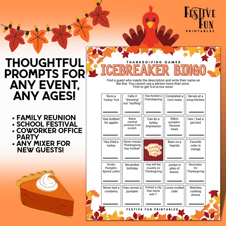 Friendsgiving Icebreaker Bingo Printable Game Card, Thanksgiving Mix ...