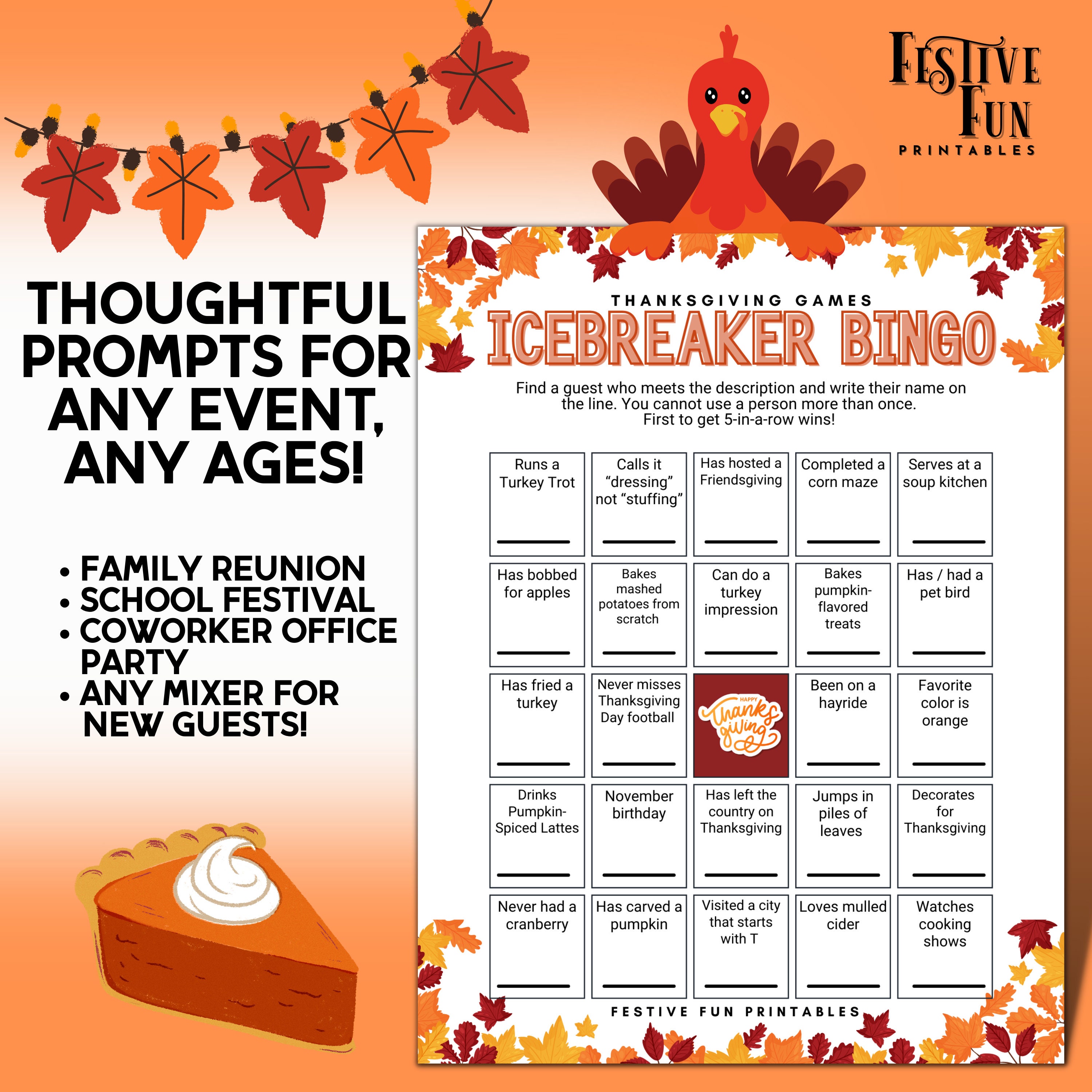 Friendsgiving Icebreaker Bingo Printable Game Card, Thanksgiving Mix ...