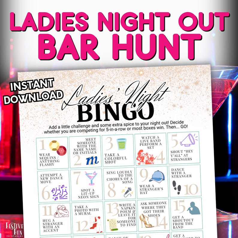 Ladies Night Bar Crawl Bingo, Women's Bar Scavenger Hunt Printable, Any ...