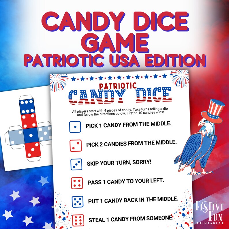 USA Candy Dice Roll Game With DIY Paper Dice, Easy Patriotic American ...