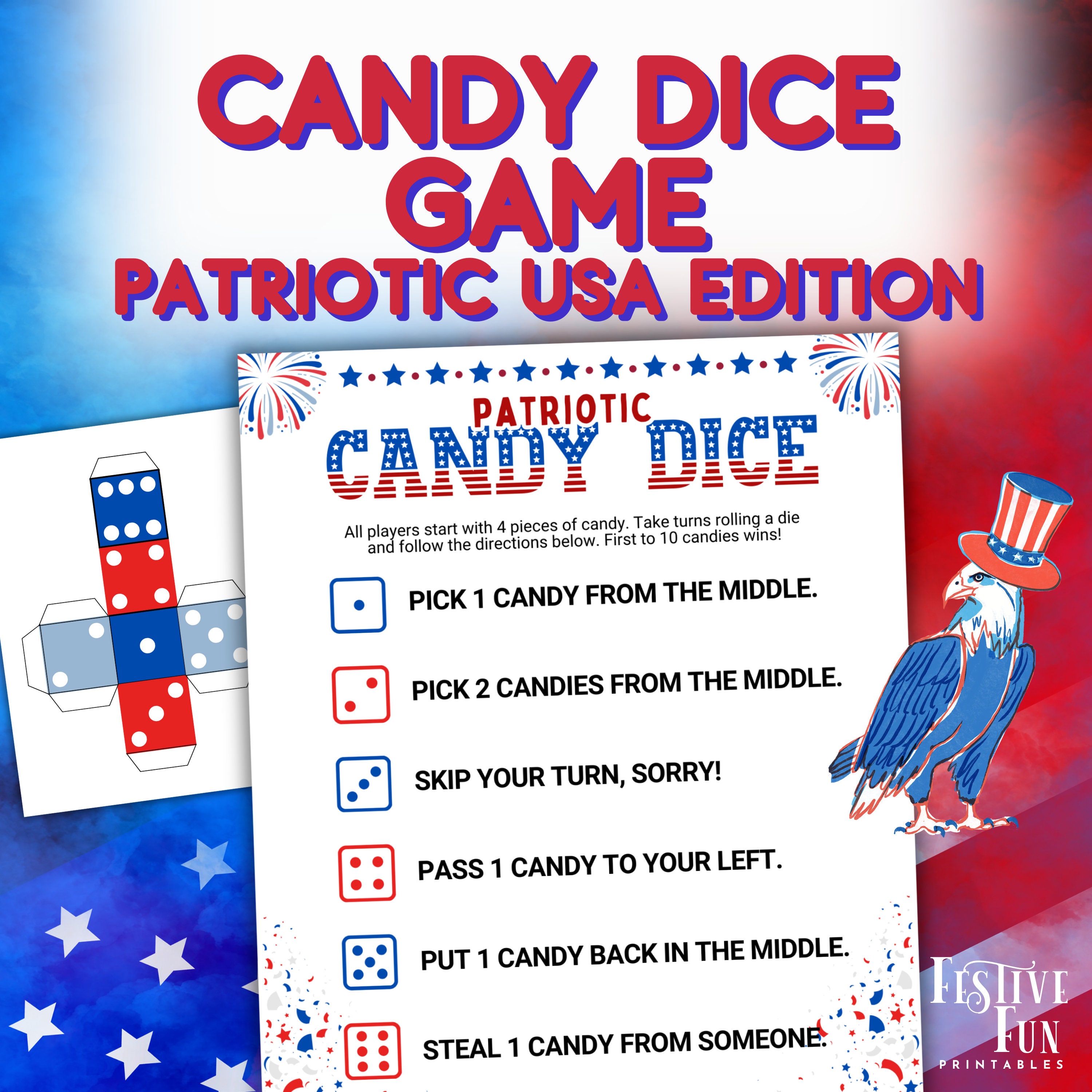 USA Candy Dice Roll Game With DIY Paper Dice, Easy Patriotic American ...