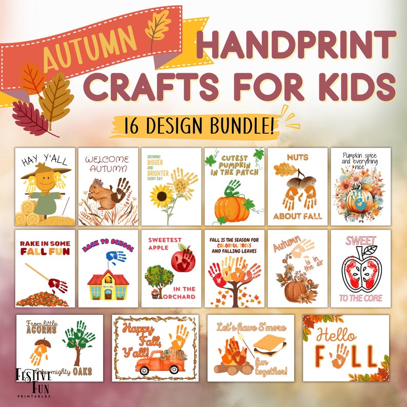 Fall Handprint Craft Bundle for Kids, 16 Printable Fingerprint Art ...