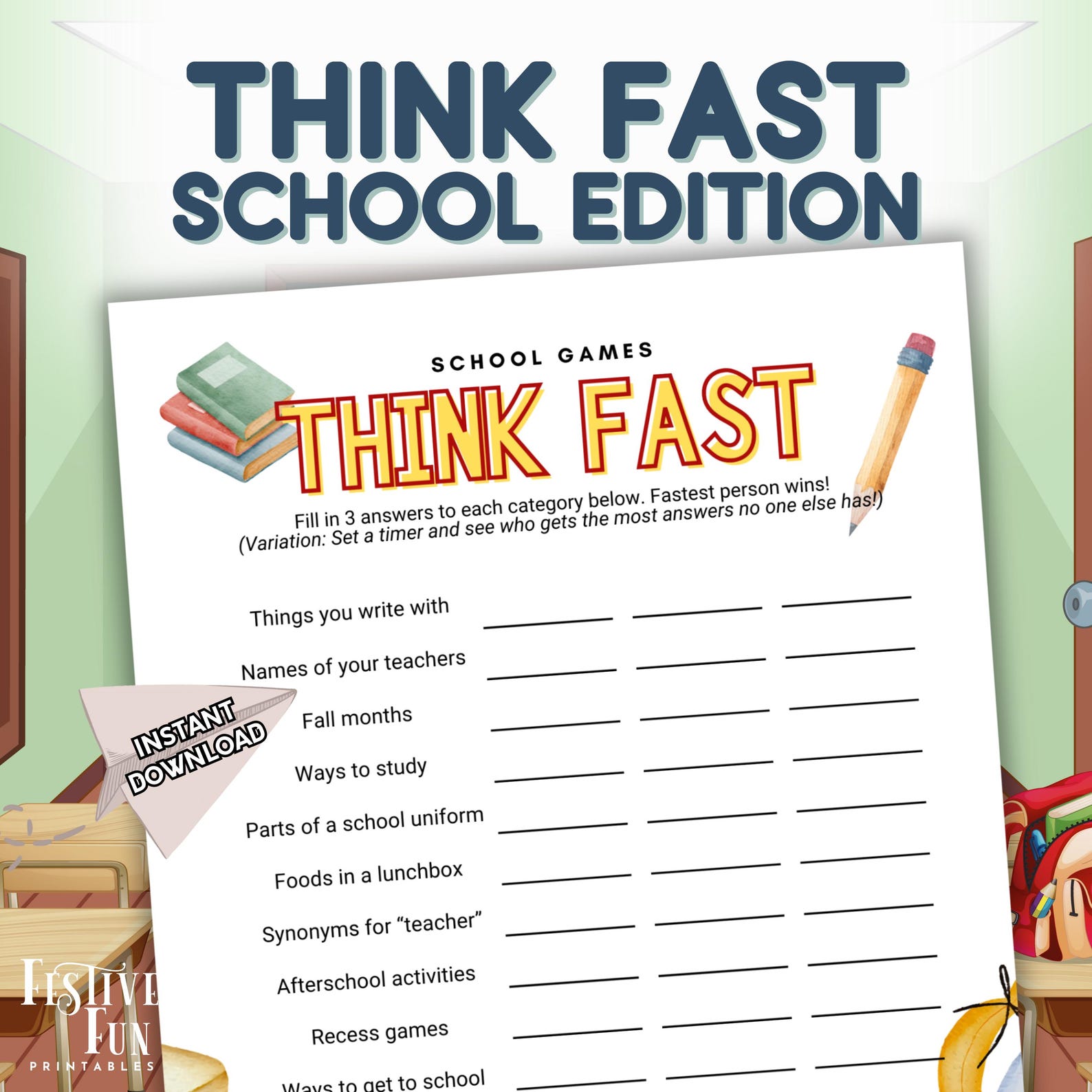 Back to School Think Fast Game, Printable Quick-thinking Challenge With ...