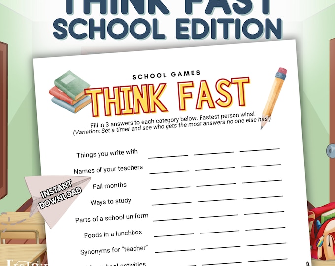 Back to School Think Fast Game, Printable Quick-thinking Challenge With ...