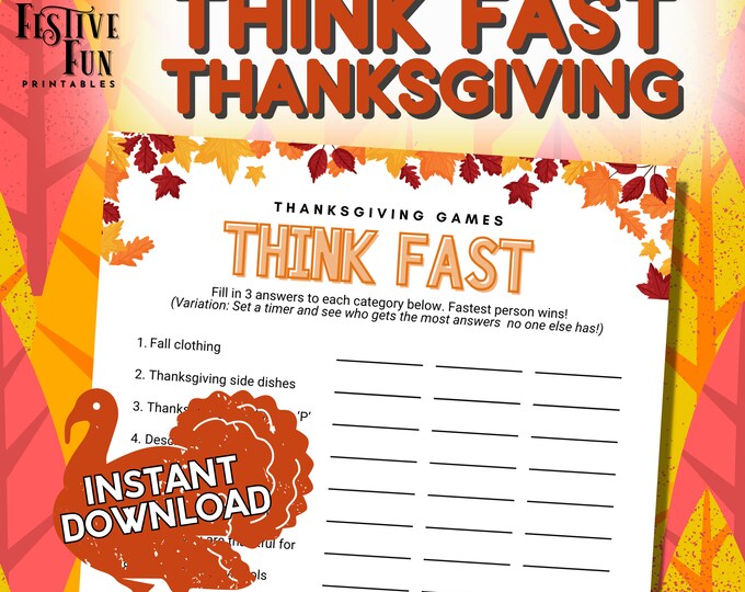 Think Fast Thanksgiving Word Game, Printable Friendsgiving Category ...
