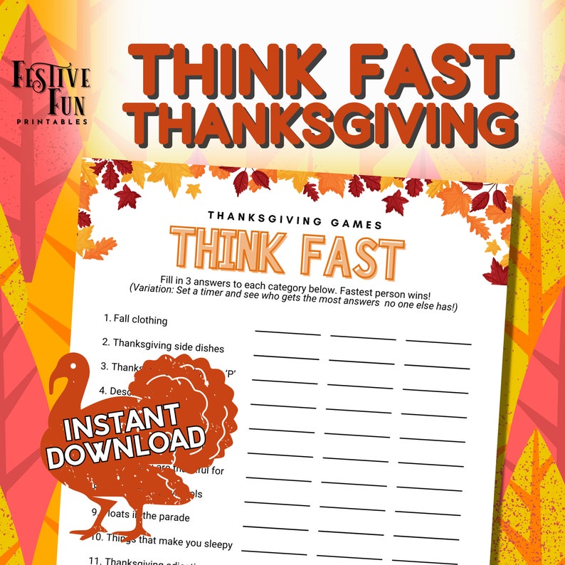 Think Fast Thanksgiving Word Game, Printable Friendsgiving Category ...