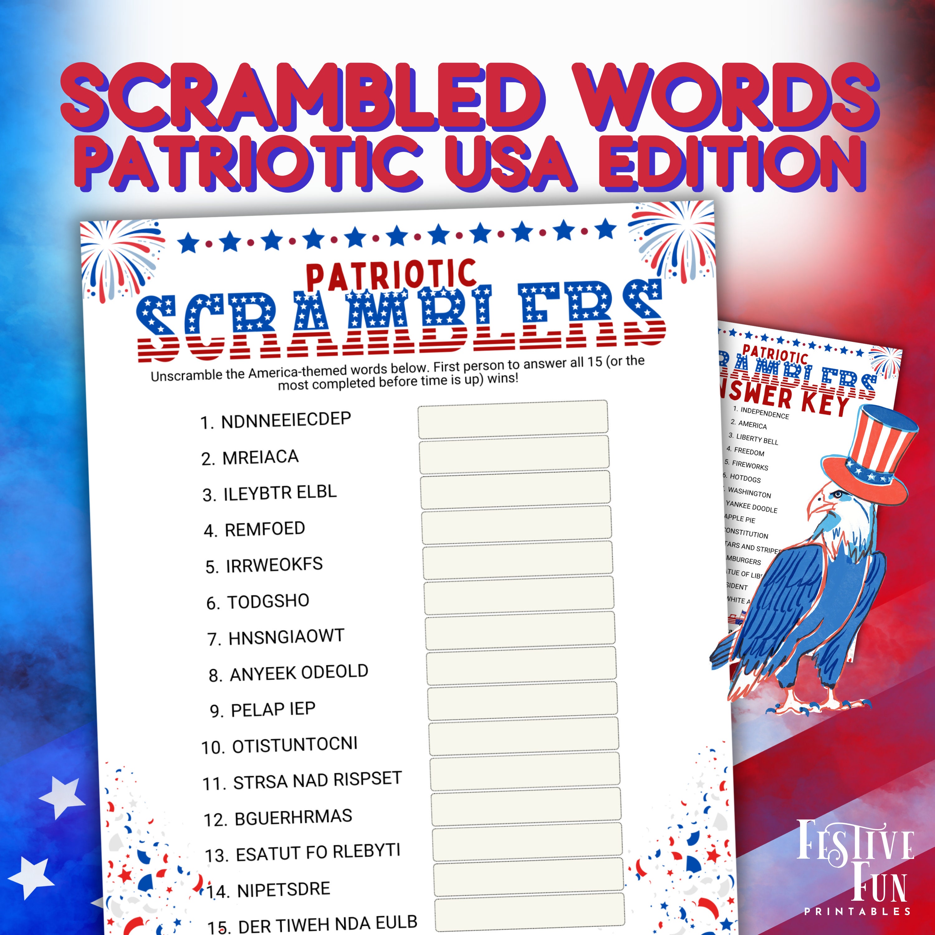 USA Scrambled Words Printable Game, Patriotic American Red White and ...