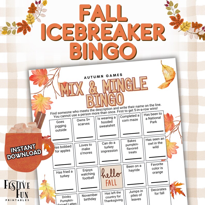 Autumn Mix and Mingle Icebreaker Bingo, Printable Game for Fall ...