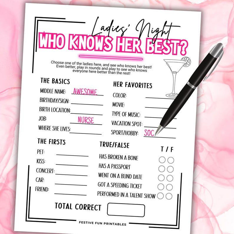 Who Knows Her Best Ladies Night Game, Girls Night Out Activities ...