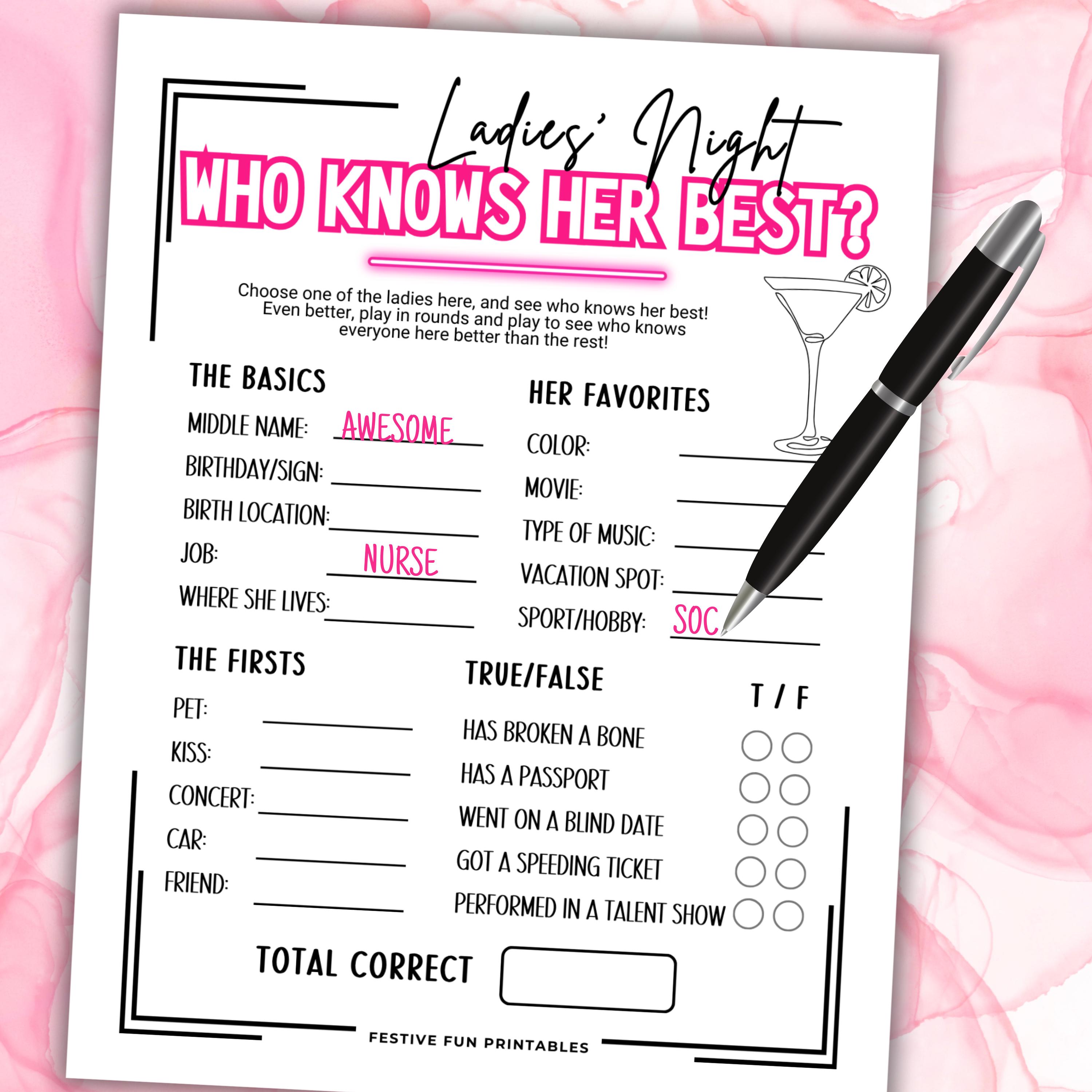 Who Knows Her Best Ladies Night Game, Girls Night Out Activities ...