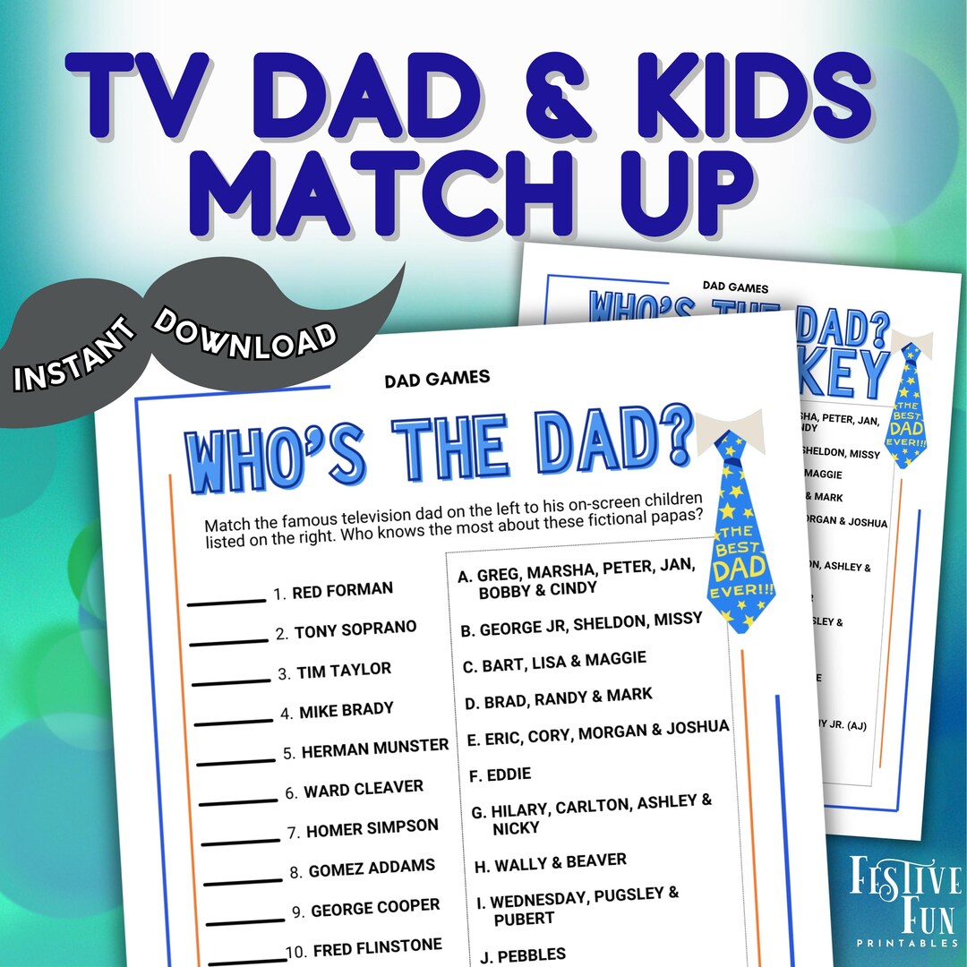 TV Dad and Kids Match-up, Television Character Matching Game, Printable ...