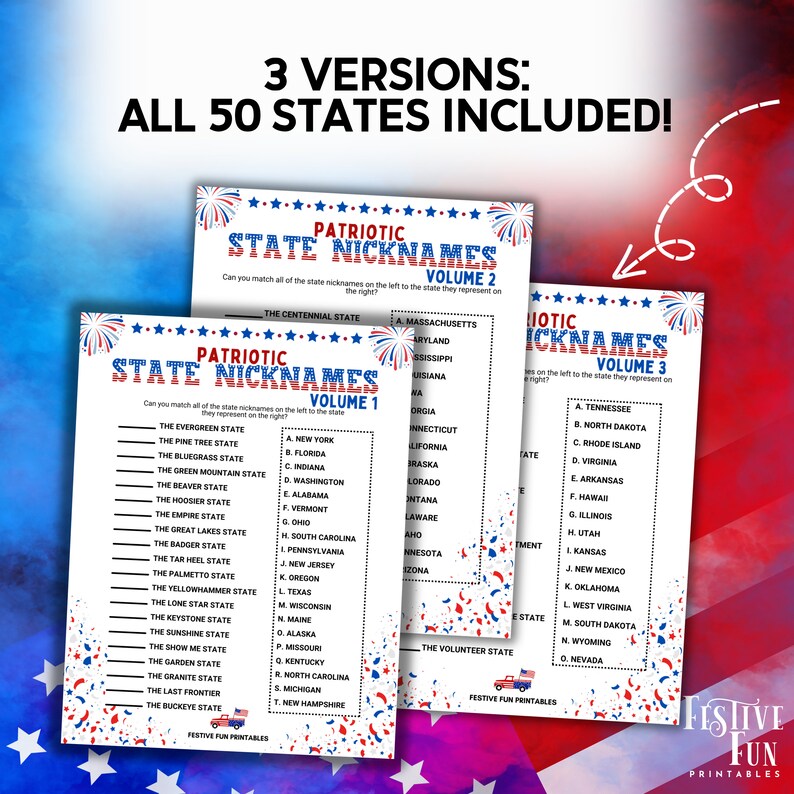USA State Nickname Race, Patriotic American 4th of July Printable Game ...