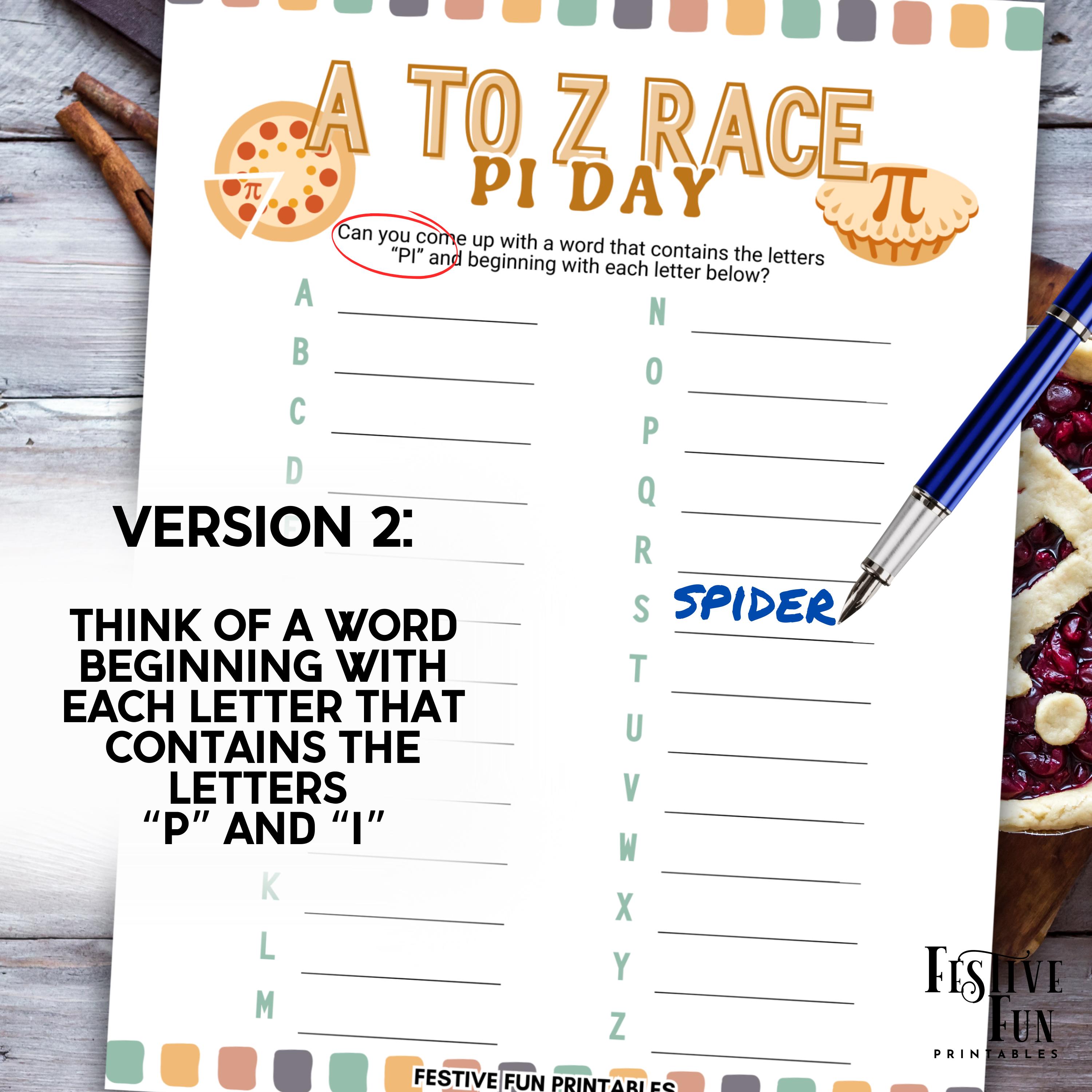 Pi Day A to Z Race Printable Game, March 14th Pie Party Word Puzzle for ...