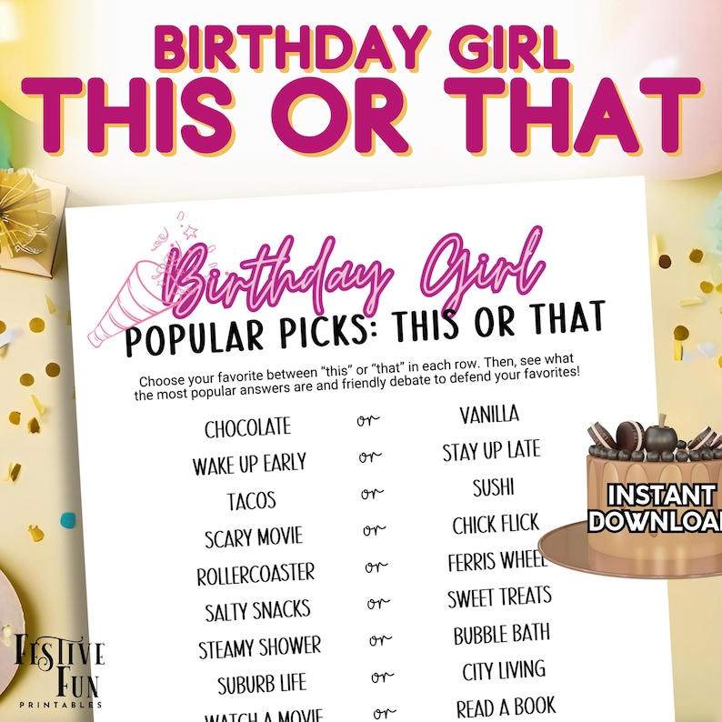 This or That Birthday Girl Game, Fun Printable Would She Rather Trivia ...